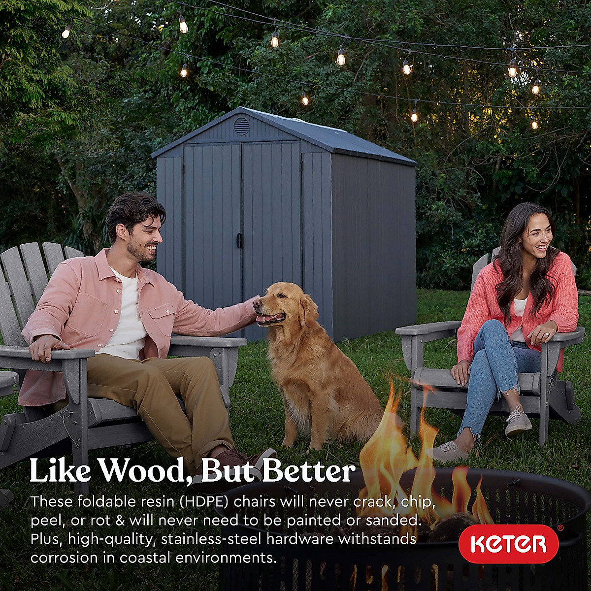 Keter Willoughby Folding Adirondack Chair with Weatherproof Finish, Outdoor Furniture for Entertaining by The Pool, Patio, and Fire Pit, Easy Assembly for Sturdy and Steady Outdoor Seating, Gray