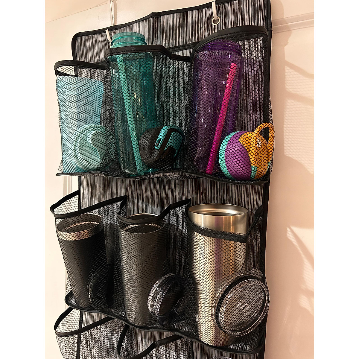 Jokari Tumbler and Bottle Storage Organizer Door Rack Holds Large Water and Drinking Containers with a Unique Over the Door Shelf System with Mesh Net Sleeves that Hangs Perfect in a Kitchen Pantry
