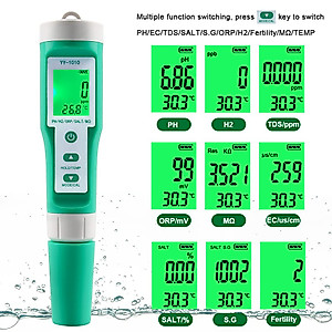 Hydrogen Water Tester 10 in 1 Resistivity/Fertility/H2/pH/TDS/EC/ORP/S.G/Salt/Temp Meter with ATC pH Meter,0.01 High Accuracy pH Tester Digital,TDS Meter PPM Meter for Drinking,Hydroponics,Pool.