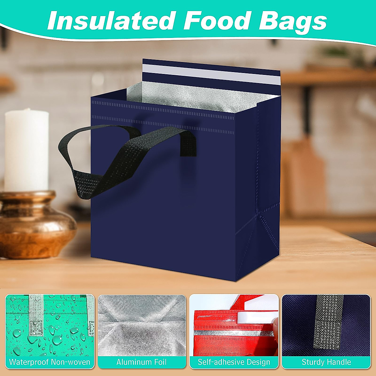 Kidum 60 Pcs Insulated Take Away Bags Bulk 9.5 x 6 x 9.5 in Insulated Lunch Bag Disposable Thermal Insulation Cooler Bags Hot Cold Delivery Bag for Catering Restaurant Grocery(Six Colors)