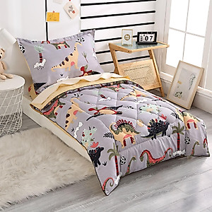Wowelife Dinosaur Toddler Bedding Sets for Boys Grey Toddler Bed Sheets Sets Kids Toddler Comforter Set Soft Breathable with Quilted Comforter, Flat Sheet, Fitted Sheet and Pillowcase
