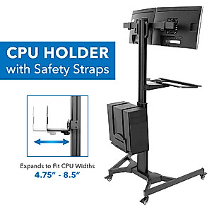 Mount-It! Adjustable Mobile PC Workstation - Dual Monitors up to 32", Rolling Computer Cart Wheels, Rolling 2 Monitor Stand, Keyboard and CPU Holder for Office, Medical, Hospitals, Home & Classrooms