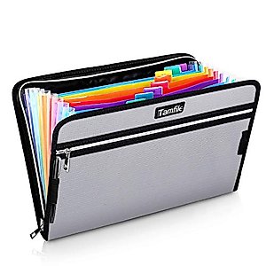 Fireproof Safe Waterproof Accordion File Bag Folder Expanding Filing Folder with 14 Multicolored Pockets, A4 Letter Size, Document Organizer Holder and Color Labels /2 Zipper (Silver 14.3" x 9.8")