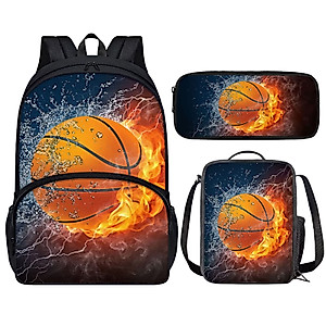 Showudesigns Basketball Backpack With Lunch Box for Boys School Bags 17 Inch Bookbag Primary School Supplies Kids Pencil Pouch Pen Box Lunchbag Packed With Bottle Pocket Stationery Bag Daypack