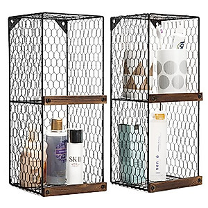 MyGift 2-Tier Black Chicken Wire Metal Hanging Wall Shelves for Storage with Wood Ledges, Farmhouse Freestanding Basket Bins, Set of 2