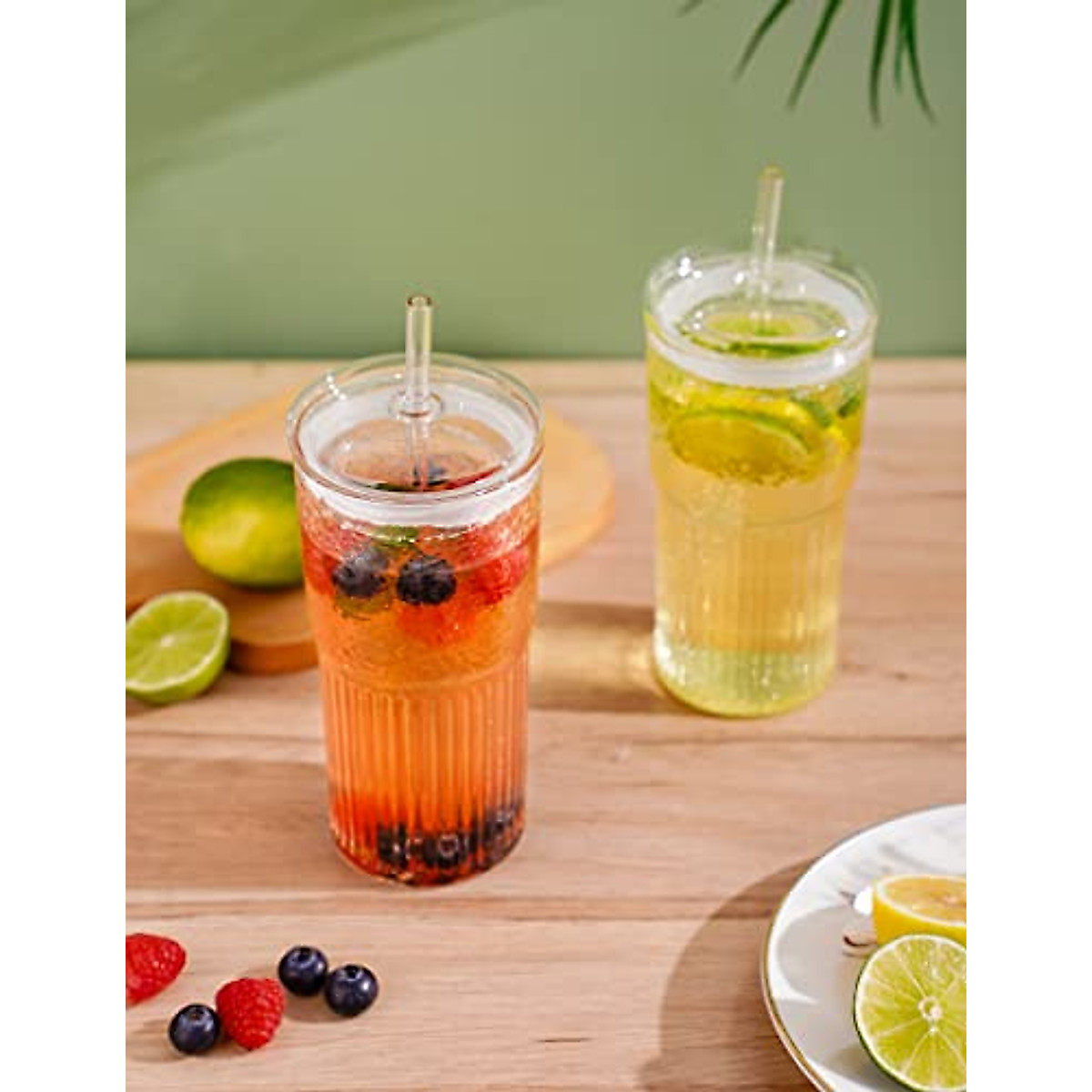 NiHome High Borosilicate Glass Tumbler Cup with Lid and Straw, 22oz Iced Coffee Glass Cups Drinking Glasses Boba Smoothie Tea Cup, Mason Jar Cup Wide Mouth Water Tumbler (2 Pack Glass Straws)