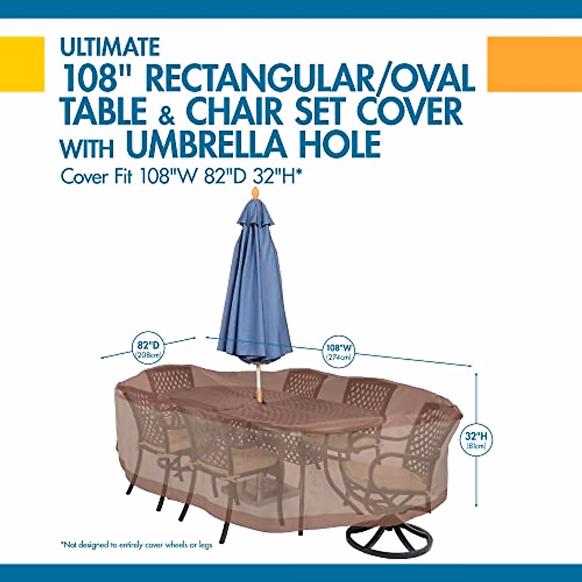 Duck Covers Ultimate Waterproof 108 Inch Rectangular/Oval Patio Table & Chair Set Cover with Umbrella Hole, Outdoor Table Cover