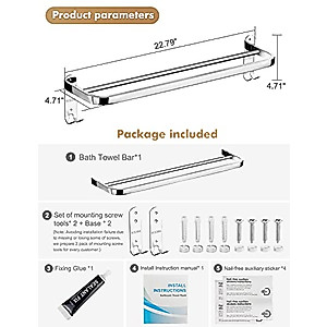 IKITCHEN Towel Racks for Bathroom, Stainless Steel Towel Holder Wall Mounted with 2 Hooks, Bathroom Shelf with Towel Bar 23Inch Polished Silver