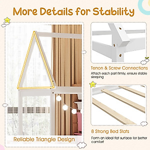 Giantex Twin House Bed, Wood Montessori Bed Frame with House Roof Canopy, Low Floor Bed with Sturdy Wood Slat Support, No Box Spring Needed, Twin Playhouse Bed for Kids Teens Boys Girls (White)