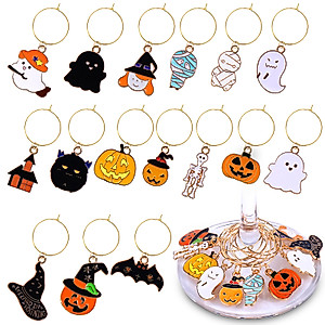 AIERSA Halloween Wine Glass Charms for stem glasses, 16Pcs Wine Charms Drink Markers, Funny Wine Glass Identifier Tags With Gold Rings for Party Decorations Alleviating Mixup