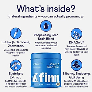 Finn Vision & Tear Stain Support for Dogs - Lutein, Beta-Carotene, and Tear Stain Defense