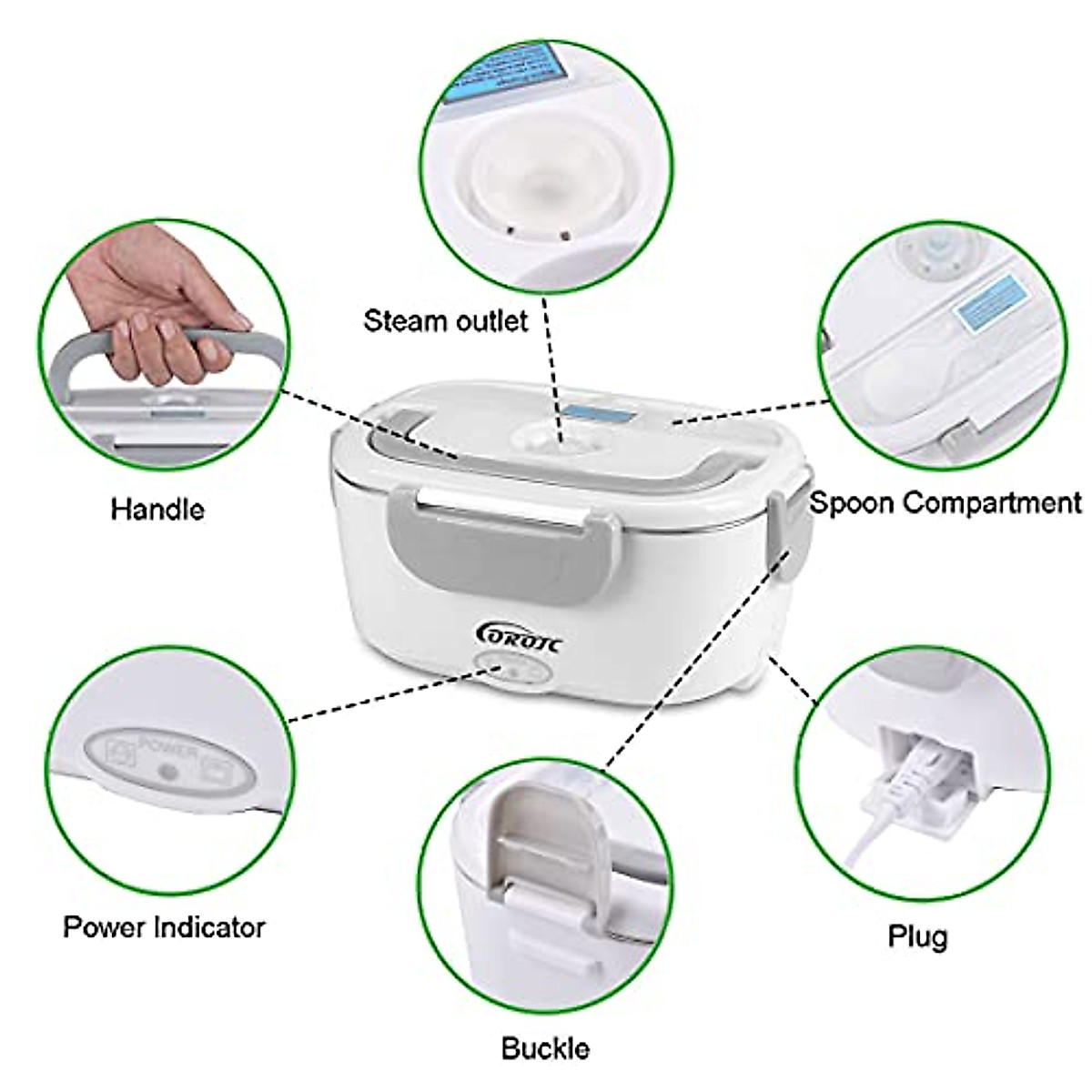 COROTC 60W Electric Lunch Box, 12V 24V 110V 3 in 1 Leak Proof Heated Lunch Box, Portable Microwave For Car Office School, 304 Stainless Steel Electric Lunch Box Food Heater With Lunch Bag, Gray