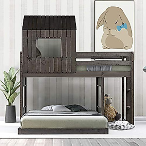 GJHOME Twin Over Full House Bunk Bed with Ladder, Window and Guardrails, Wooden Low Loftbed with Playhouse, Farmhouse, for Kids Teesn Boys Girls Bedroom, Antique Gray