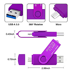 BorlterClamp 128GB USB 3.0 Flash Drive Dual Port Memory Stick, OTG Thumb Drive with Micro USB Drive Port for Android Smartphone Tablet & Computer (Purple)