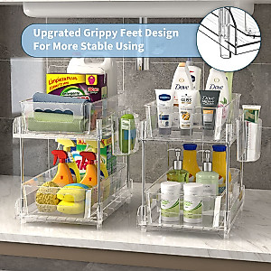 2 Tier Clear Organizer with Dividers, Pantry Organization and Storage Multi Purpose Slide-Out Bathroom Organizer, Kitchen Pantry Medicine Cabniet Bins, Under Sink Organizers and Storage, 2 Pack