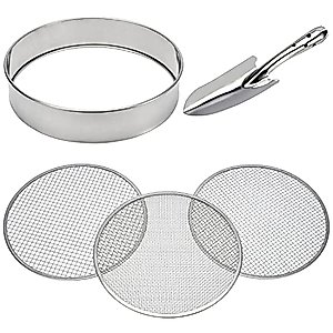 Soil Sieve Stainless Steel Riddle Sieve Set, 12" Diameter, with 3 Interchangeable Filter Mesh Sizes 3,6,9mm and Shovel