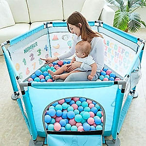 WAOWAO Baby Playpen Portable Large Playard Indoor & Outdoor Kids Activity Center with Sturdy Safety Play Yard with Mesh and Learning Pattern,Kid's Fence for Infants Toddlers (Blue, 47.24"(with mat))