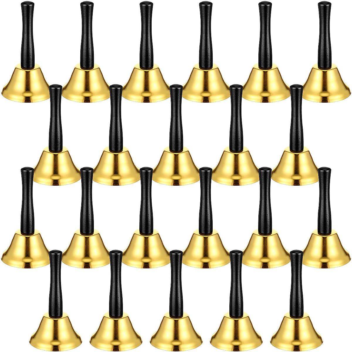 24 Pack Loud Hand Bell Metal Hand Held Bell for Adult Steel Dinner Call Service Wedding Bell with Black Wooden Handle Care for Home Pet Classroom School Church Alarm Food Decor (Gold,2.56'' Wide)
