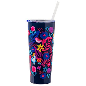 Silver Buffalo Disney Alice in Wonderland Floral Pattern Double Walled Stainless Steel Tumbler with Straw, 22 Ounces, Multicolor