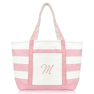 DALIX Striped Beach Bag Tote Bags Satchel Personalized Pink Ballent Letter M