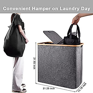 SUPDEJA Double Laundry Hamper with Lid, 100L Large Laundry Hamper 2 Section with Removable Laundry Bags, 2 Dividers Dirty Clothes Basket with Handles Collapsible Foldable Laundry Baskets with Lid