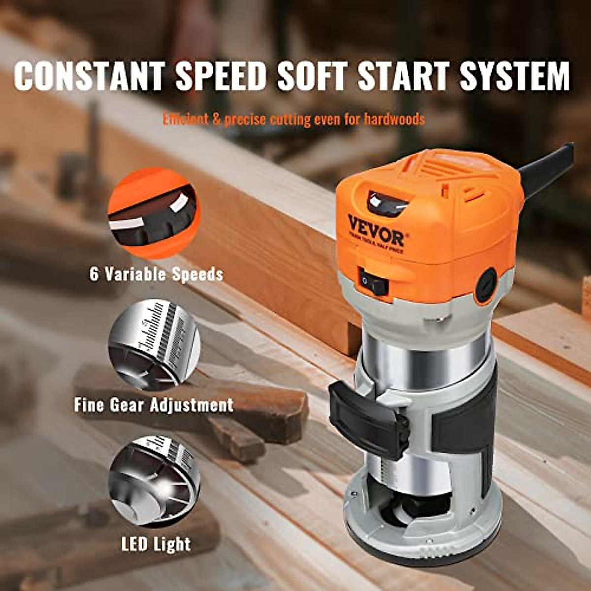 VEVOR Wood Router, 1.25HP 800W, Compact Wood Trimmer Router Tool, 30000RPM Max Speed 6 Variable Speeds, with 1/4'' & 5/16'' Collets 12 PCs Milling Cutters Dust Hood, for Woodworking Slotting Trimming