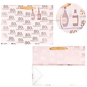 LeZakaa 16" Large Gift Bag with Tissue Paper, Gift Tag and Card,50 & Fabulous Lettering with Metallic Gold Foil on Pink for Anniversary, Birthday
