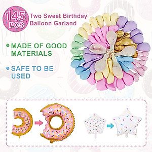 Amandir 145Pcs Two Sweet Birthday Decorations, Donut Birthday Party Supplies for Girls Two Sweet Banner Donut Balloon Garland Kit Cake Topper Swirls for Ice Cream Baby Second 2nd Birthday Party Decor