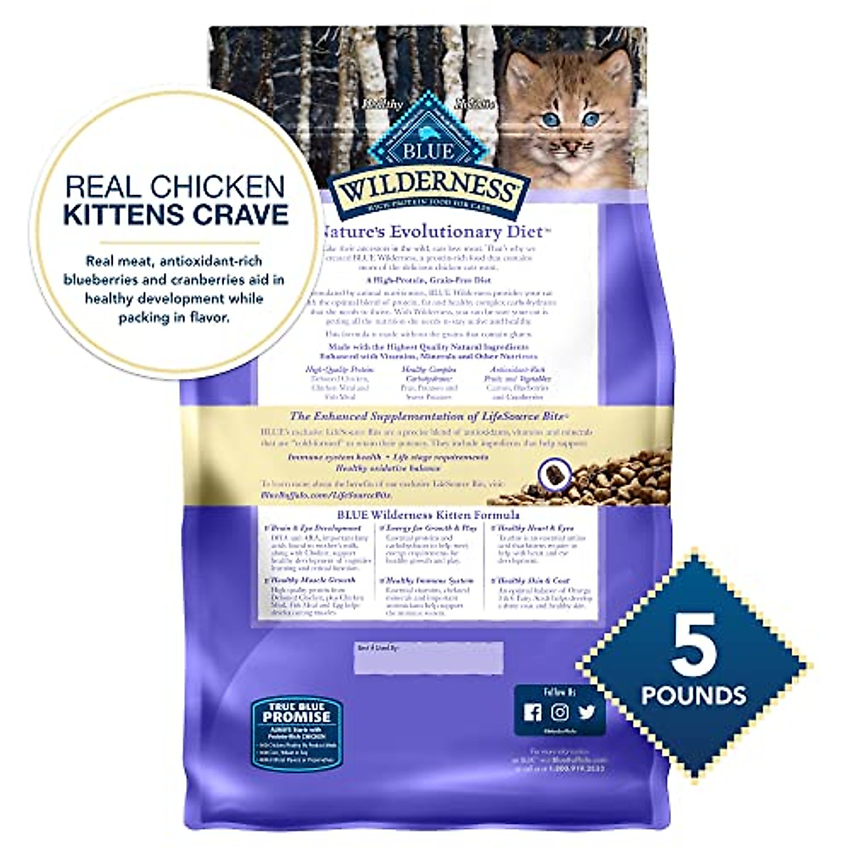 Blue Buffalo Cat Food for Kittens, Natural Chicken Recipe, High Protein, Dry Cat Food, 5 lb bag