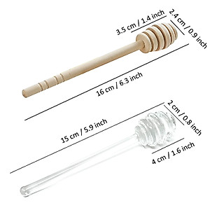 2 Pcs Honey Dipper Sticks - Wooden and Glass Honey Dipper, 6 inch Honeycomb Stick, Honey Stirrer Stick for Honey Jar Dispense Drizzle Honey, Wedding Party Favors