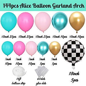 Enanal Alice Wonderland Balloon Garland Arch Kit, 144pcs Lake Blue Hot Pink Balloons with Chessboard Foil Balloons for Spring Tea Party Supplies Onederland First Birthday Baby Shower Decorations