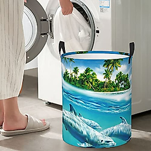 Underwater Sea Dolphin Large Laundry Basket, Laundry Hamper with Handle Collapsible Dirty Clothes Hamper Round Storage Basket for Bedroom Clothes Storage