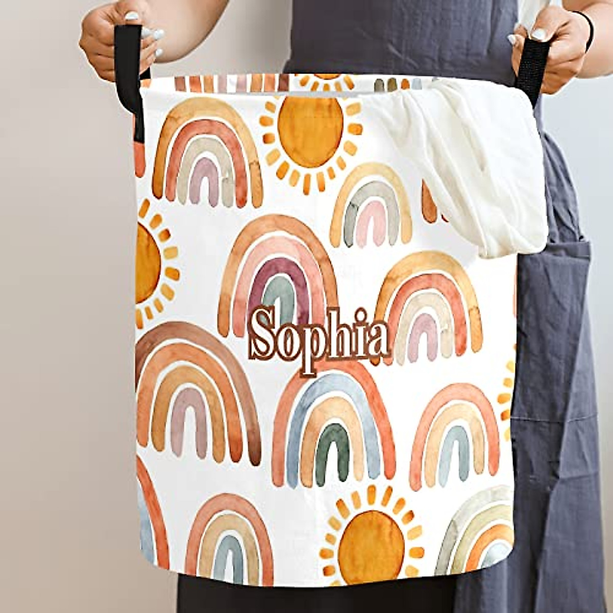 WOWPersonalTailor Rainbow Sun Laundry Hamper Basket Custom Name Collapsible Storage Bin Waterproof Clothes Storage Basket Room Decor Dirty 19.69inch(height) x 14.17inch(diameter)