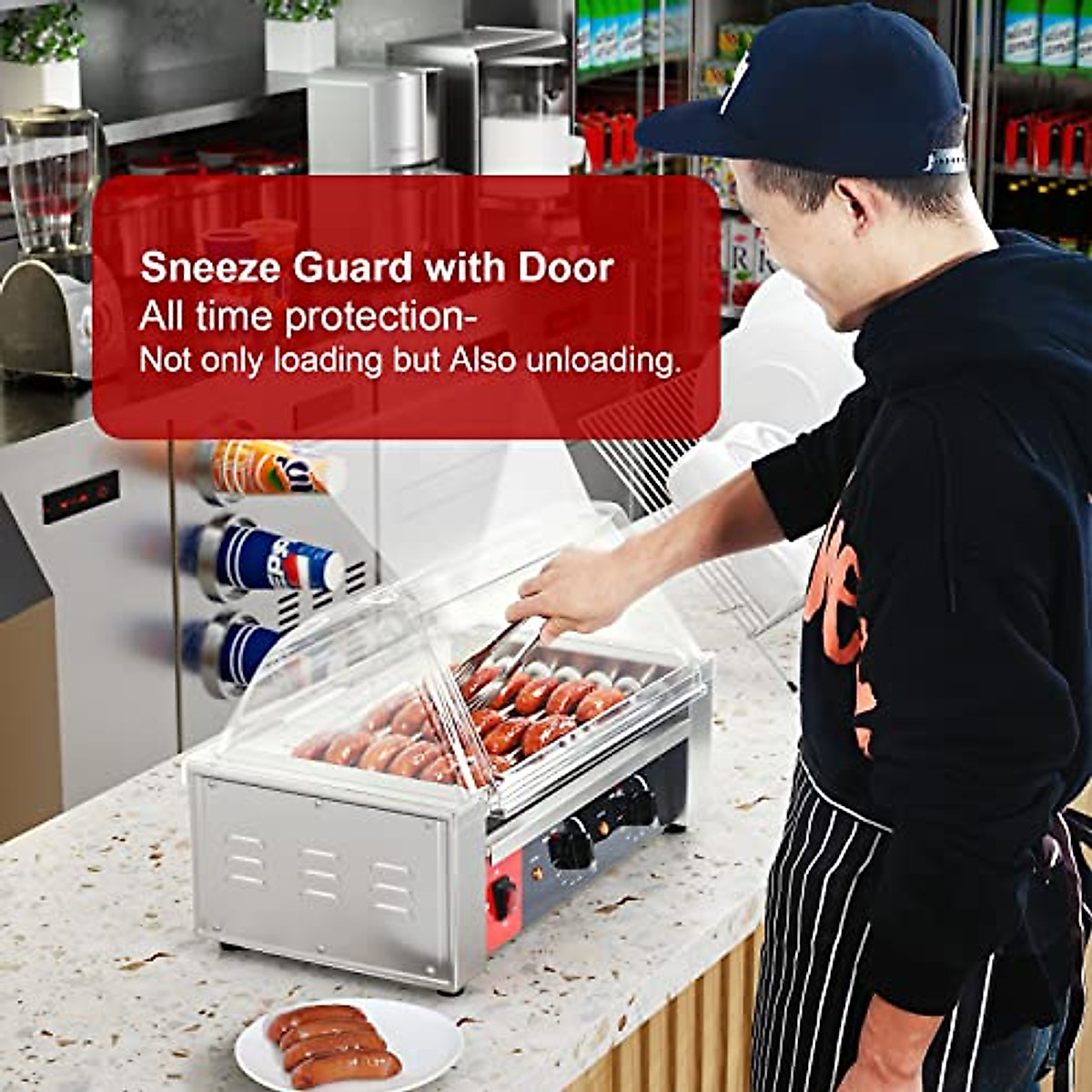 CROSSON Hot Dog 7 Roller Grill Cooker Machine with Transparent Sneeze Guard,7 Nonstick 304SS Rollers and Dual Temp Control,Commercial Hot Dog Cooker Machine-120V, 830W