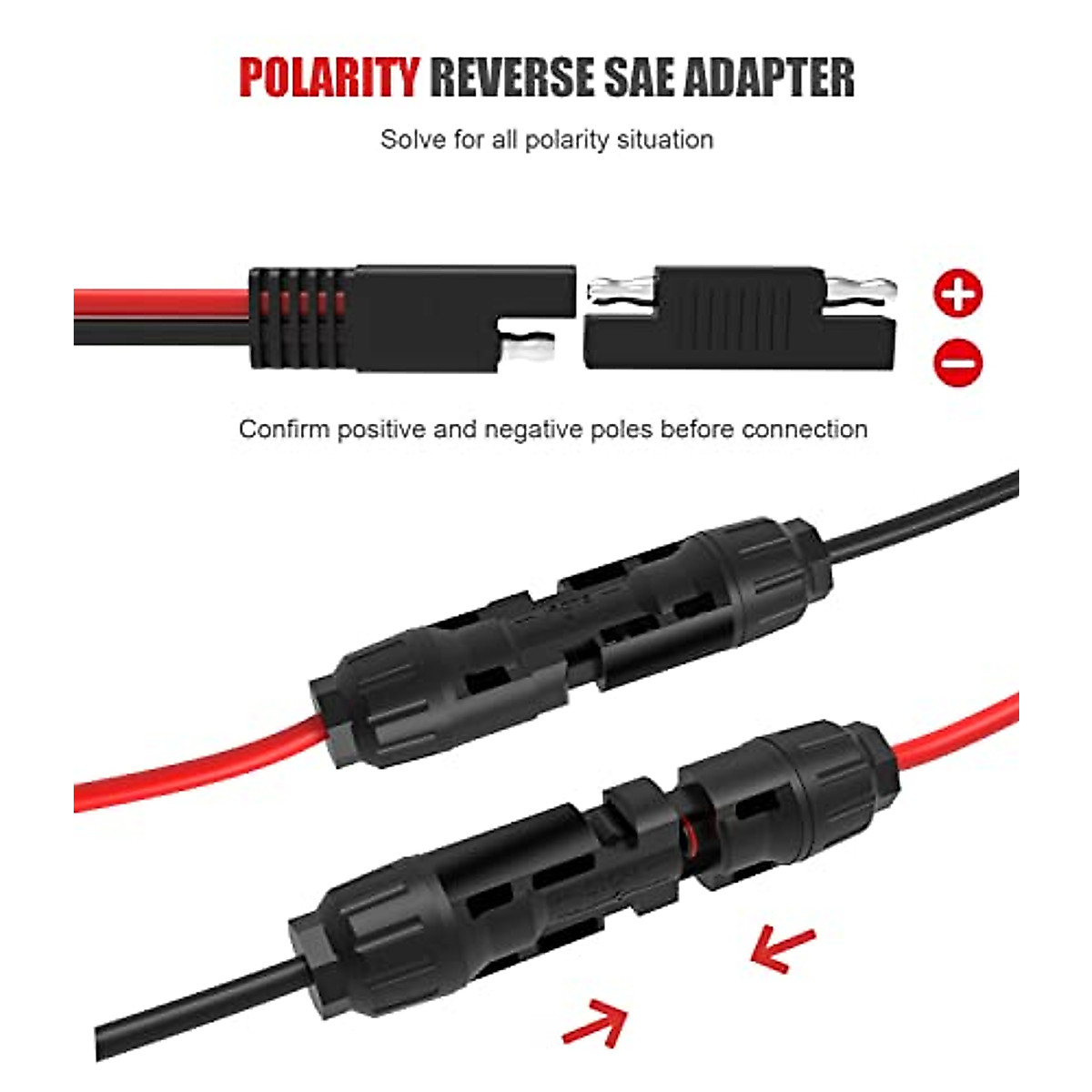 BERLAT Solar Panel Extension Cable,10AWG SAE PV Extension Cable to Solar Panels with 2 Pack SAE to SAE Polarity Reverse Adapters-30cm