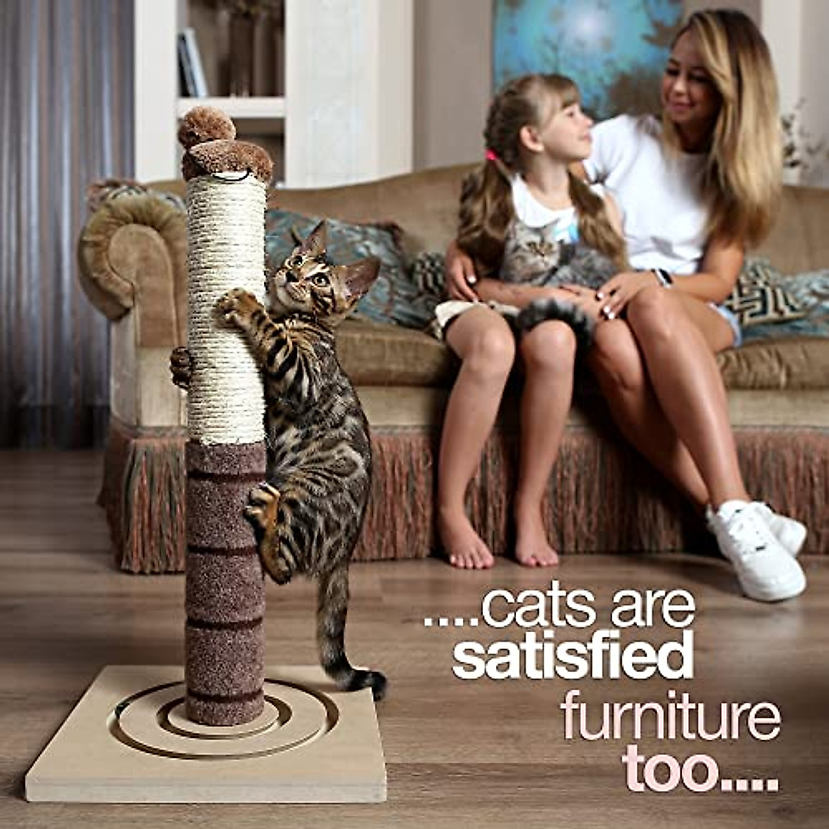 4 Paws Stuff Tall Cat Scratching Post Cat Interactive Toys - Cat Scratch Post Cats Kittens - Plush Sisal Scratch Pole Cat Scratcher - 22 inches (Beige)