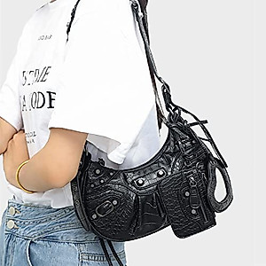 Women Punk Style Rivet Satchels Handbags Riveted Shoulder Messenger Bag Half-Moon Bag With Mirror And Card Hobo Bags