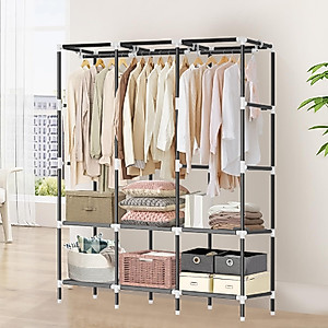 LOKEME Portable Closet, Wardrobe Closet with 3 Hanging Rods and 6 Storage Shelves, Gray Closet, Easy to Assemble Portable Closets for Hanging Clothes with 4 Side Pockets, PWC0006-GRAY