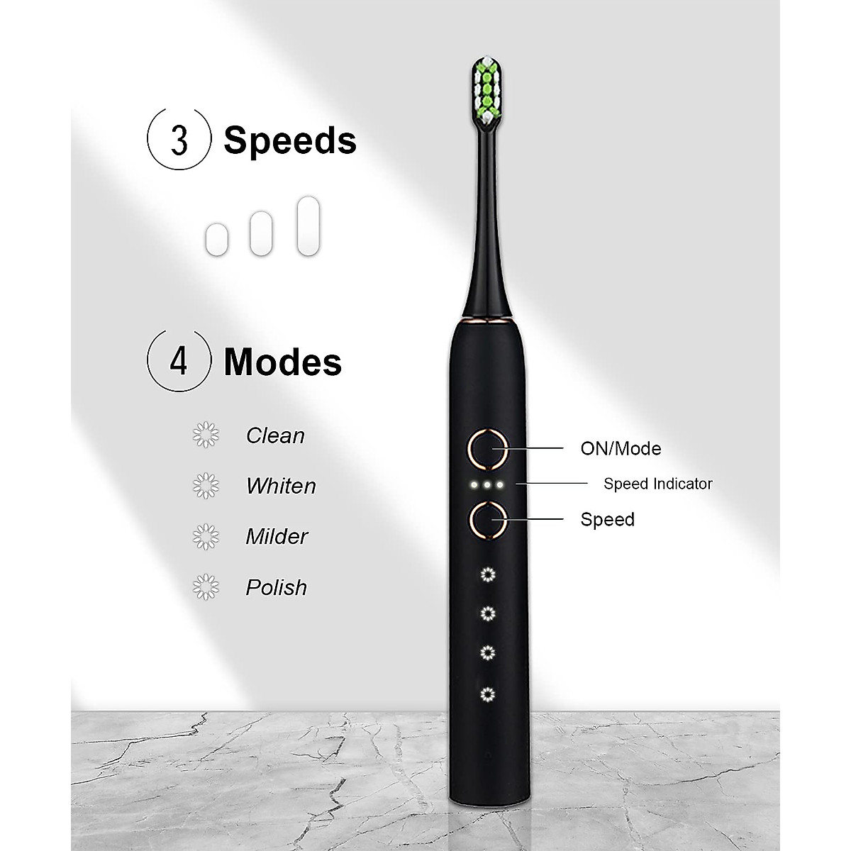 north lover Smart Sonic Rechargeable Electric Toothbrush with 4 Replacements (Black)