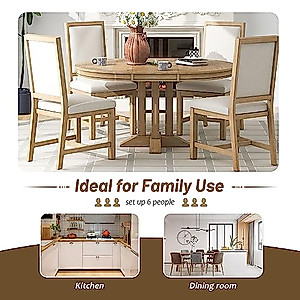 Dinehome 5-Piece Round Extendable Table Set for 4 with Four Upholstered Chairs, for Dining Room, Natural Wood Wash