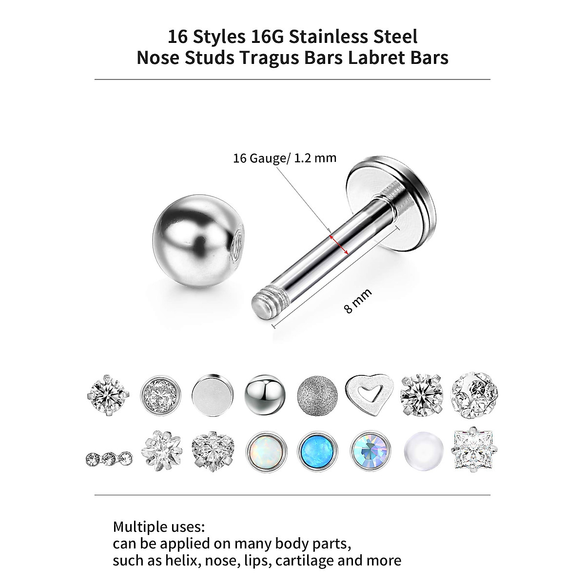 Chuangdi 16 Pieces 16 G Labret Nose Studs Piercing Lips Stainless Steel Tragus Nose Assorted Design Piercing Jewelry for Women (Silver)