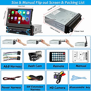 Naifay Single Din Car Stereo with Dash Cam & Backup Camera, 7INCH Flip Out Single Din Touchscreen Car Stereo with Apple Carplay & Android Auto, Car Audio Receivers Bluetooth Mirrorlink FM Car Radio