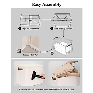 StorageWorks Fabric Storage Bin with Drawstring Closure, Foldable Storage Baskets for Organizing, Closet Storage Bins with PU Handles, Beige, Large, 3-Pack