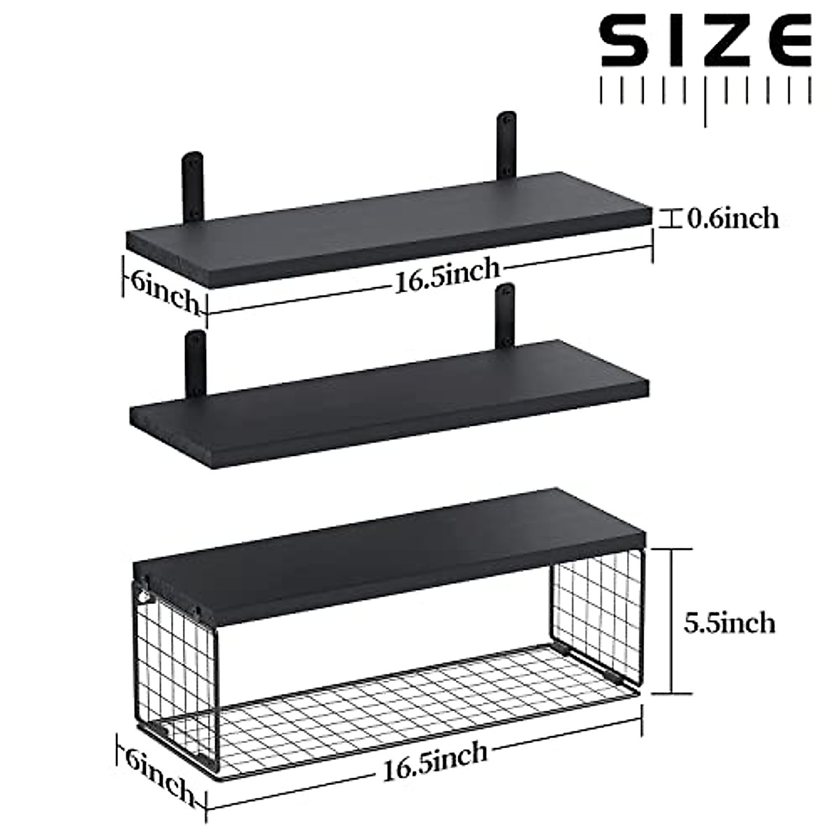 Szkiuqe 2-in-1 Floating Shelves, Bathroom Shelves with Storage Basket, Wall Mounted Rustic Wood Shelves, Farmhouse Wall Decor for Bedroom, Kitchen, Living Room and Plants - Black