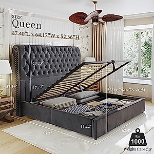 Jocisland Lift Up Storage Bed Queen Size Velvet Upholstered Sleigh Platform Bed Frame/52.4" Deep Button Tuft Headboard/Hydraulic Storage/Easy Assembly/Dark Grey
