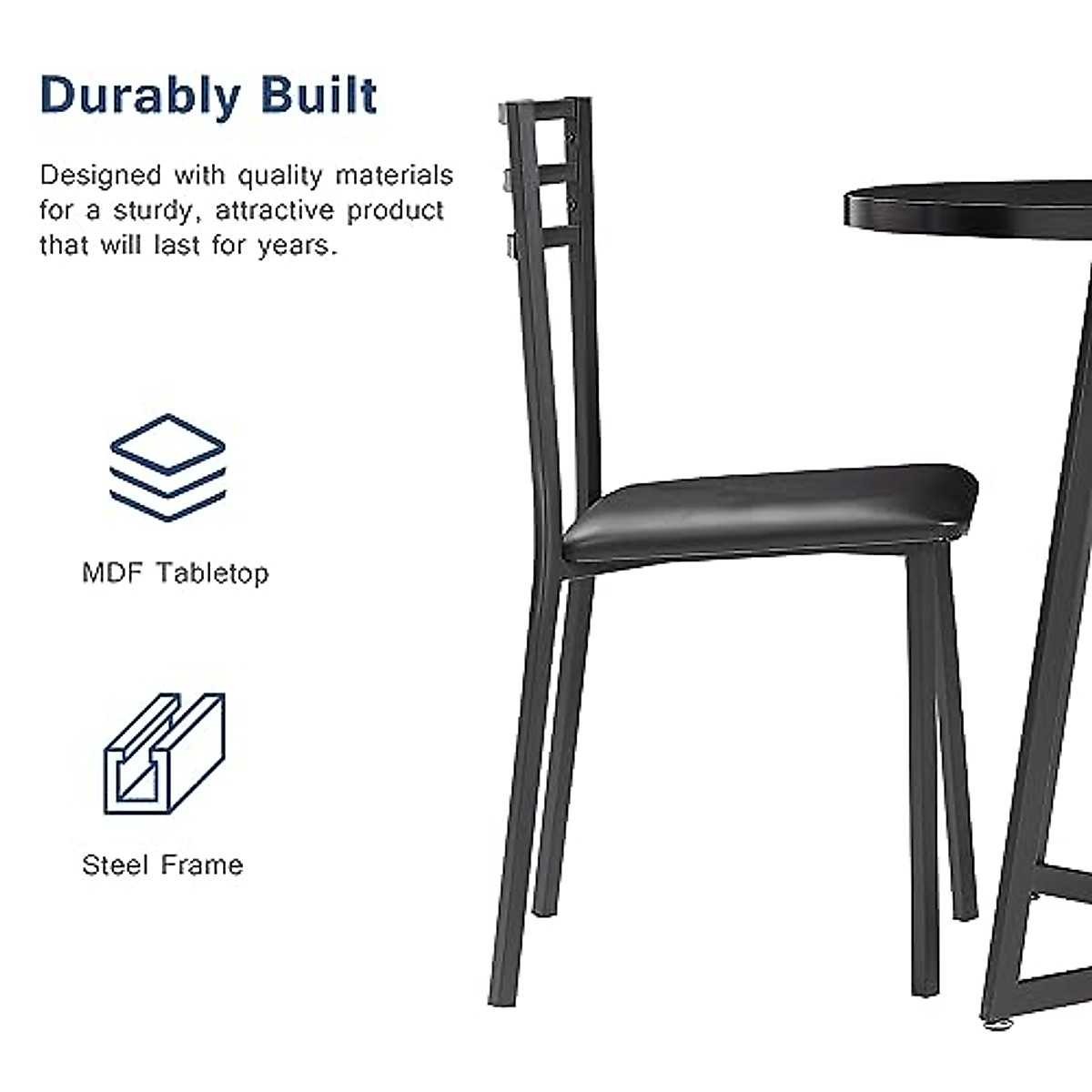 VECELO 3 Piece Kitchen Dining Room Set, Wood Round Table for Breakfast Nook Small Space, Dinette with 2 Cushioned Chairs, Matte Black