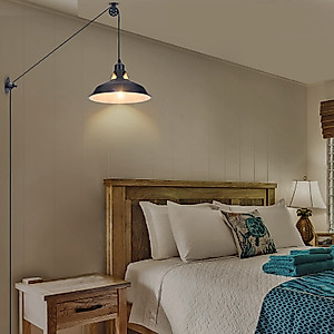 Lomoky Plug in Pendant Light, Hanging Lamp with Black Barn Pendant Lighting with 14.76ft Cord On/Off Switch, Adjustable Pulley Hanging Pendant Lighting for Kitchen Bedroom Restaurant 2 Pack