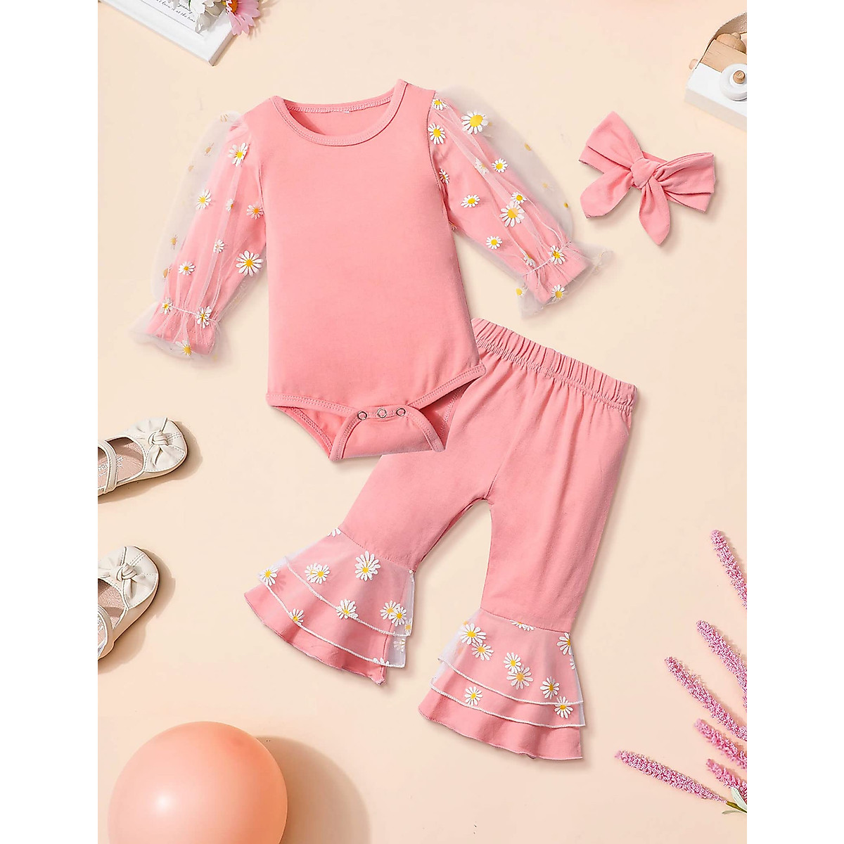 Baby Girl Outfit 3-6 Months,Baby Girl Bell Bottoms Mesh Daisy Outfits Long Sleeve Romper + Flare Pants + Headband 3Pcs Baby Girl Outfits Pink
