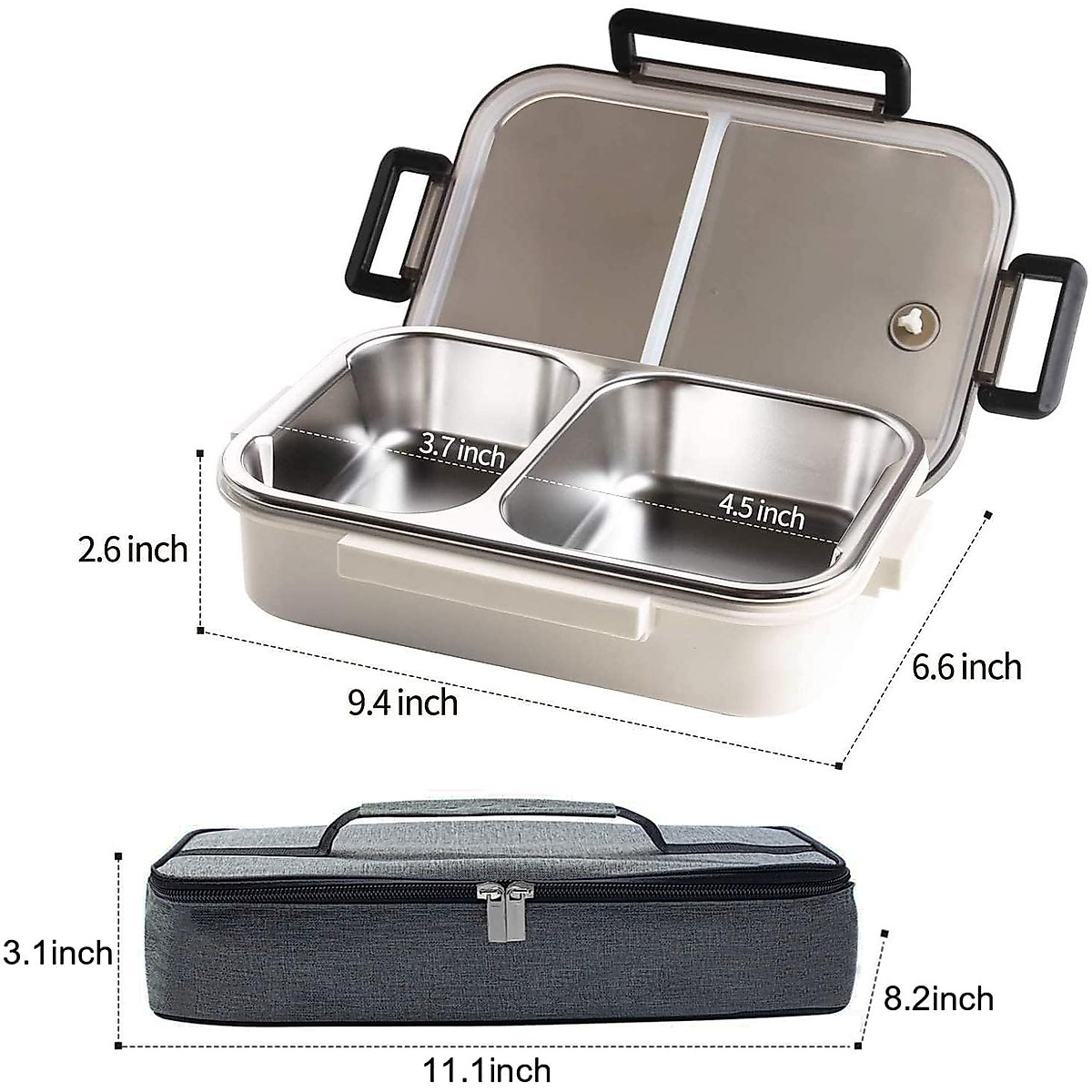 LANSKYWARE 2 Compartments Bento Lunch box with Lunch Bag and Portable Utensils, Stainless Steel Food Lunch Containers for Adults Men Women