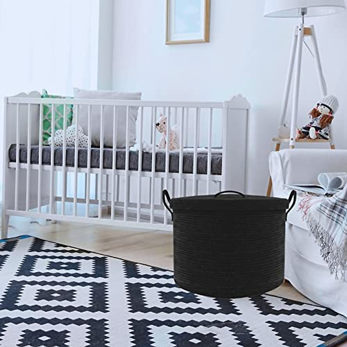 Extra Large Storage Laundry Basket 22" X 16" Cotton Rope Woven Basket for Blanket Basket with Handles for Living Room Toys Storage XXXL (Black)